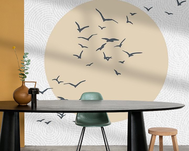 Japandi. Abstract landschap met pastelbeige zon en vogels op Japans wit patroon van Dina Dankers ...